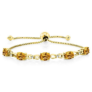 Gem Stone King 18K Yellow Gold Plated Silver Yellow Citrine and White Lab Grown Diamond Tennis Bracelet For Women (3.65 Cttw, Gemstone Birthstone, Fully Adjustable Up to 9 Inch)