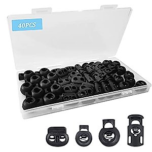 40Pcs Cord Lock, Plastic Cord Locks for Drawstrings, Black Spring Toggle Stopper with 4 Sizes, Elastic Cord Adjuster Shoelace Fastener Lock for Drawstring, Paracord, Shoelaces, Clothing and Bags