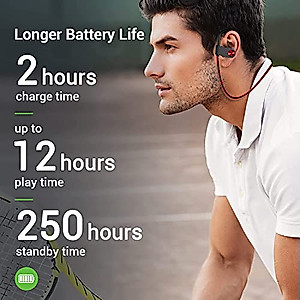 VRIFOZ Bluetooth Headphones, IPX7 Waterproof Wireless Sports Earbuds for Workout Gym, 12 Hrs Playtime Running Headphones with Noise Cancelling Mic, HiFi Bass Stereo in-Ear Earphones - RedBlack