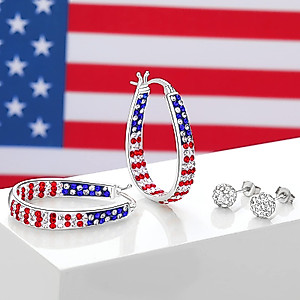 Silver Plated Oval Inside Out Crystal Hoop Earrings For Women Patriotic Earrings Fashion Jewelry