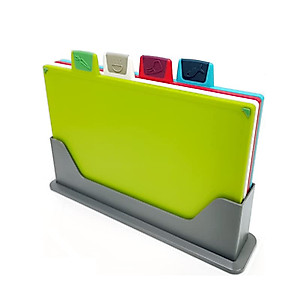 Cutting Board Set, Plastic Cutting Board, Set of 4 Cutting Boards with Storage Stand, Chopping Board Set with Color Coded Food Icon for Kitchen Different Food Types (11.8x7.9 Inches)