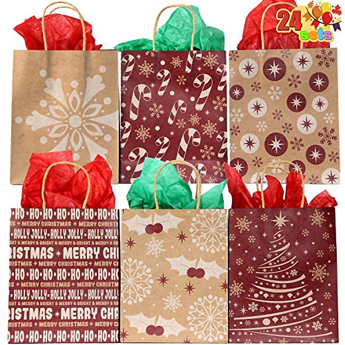 JOYIN 24 Christmas Holiday Kraft Paper Goody Gift Bags 9x7.25x3.5 with Handles for Xmas Gift-giving, Classrooms Party Favors Wrapping Goodie Bag