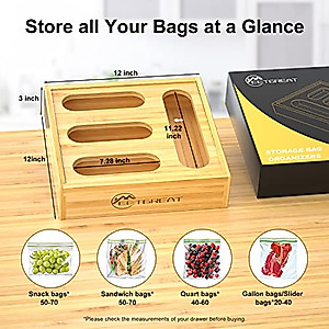 MeetGreat Bag Storage Organizer for Kitchen Drawer, Bamboo Ziplock Bag Dispenser, Storage Bag Holders, Compatible with Gallon, Quart, Sandwich and Snack Variety Size Bag (1 Box 4 Slots)