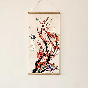 zhugege Plum Bossom Flower Painting,Wall Art for Living Room Bedroom,Chinese Traditional Meticulous Painting,Posters and Printing,Fixed Wooden Hanging Scroll (16”x32”) (16”x32”)