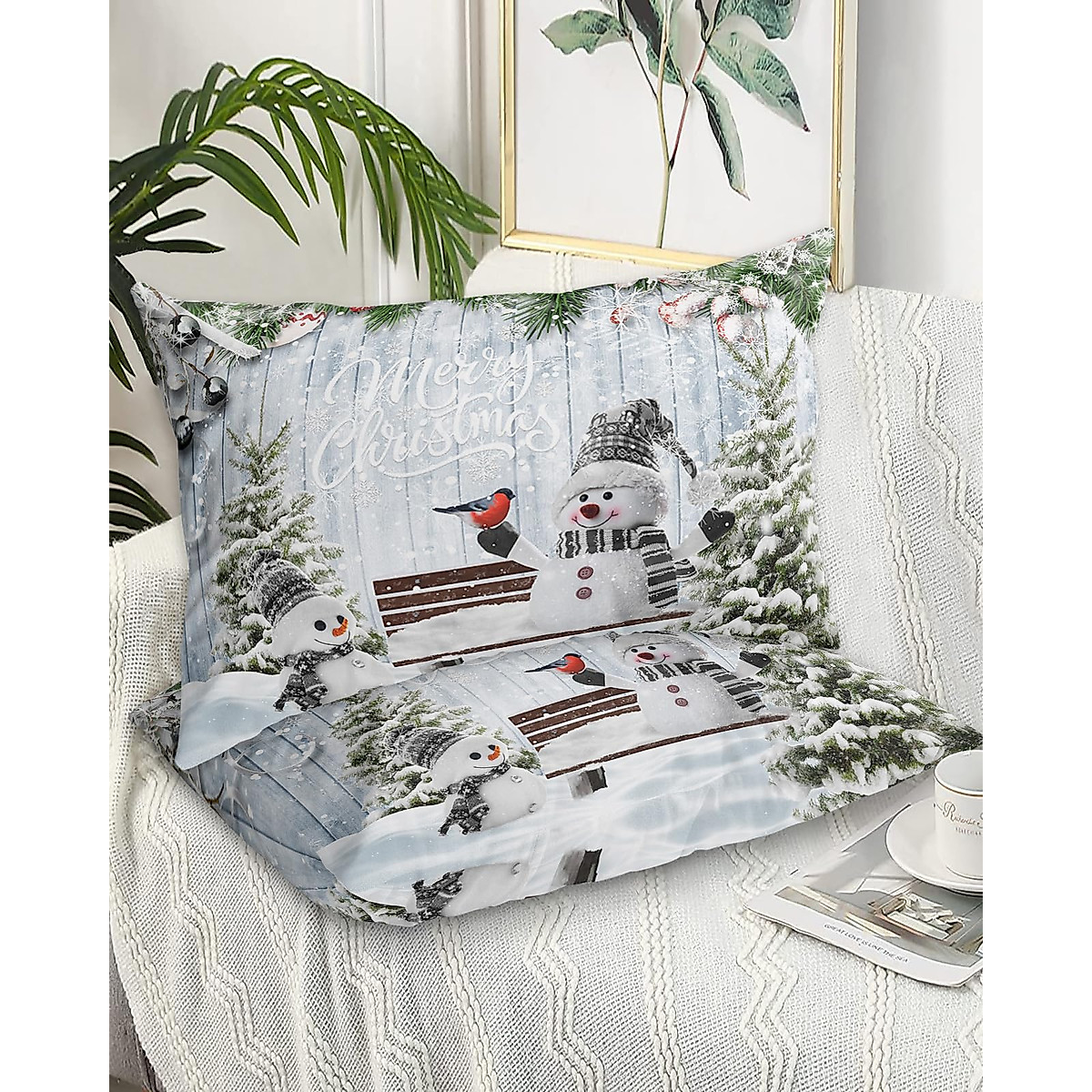 Edwiinsa Merry Christmas Pillow Covers King Standard Set of 2 20x36 Bed Pillow, Plush Soft Comfort for Hair/Skin Cooling Pillowcases with Envelop Closure Throw Covers Snowman Winter Pine Tree Leaves