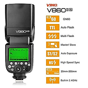 Godox V860II-N V860II Flash for Nikon, 2.4G TTL GN60 1/8000S HSS Nikon Speedlite, Rechargable Li-ion Battery, 650 Full Power Flashes, External Flash Compatible for Nikon Cameras