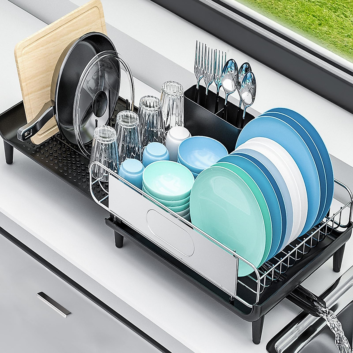 TOOLF Dish Drying Rack, Stainless Steel Dish Rack, Expandable(14.5"-25.3") Dish Drainer Rack and Utility Drainboard Set with Foldable Rack, Utensil Holder Cups Holder for Countertop, 1 Piece Black