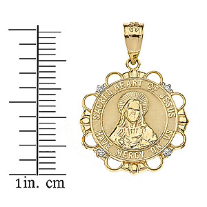 Solid 14k Gold Sacred Heart Of Jesus Diamond Religious Medal Pendant