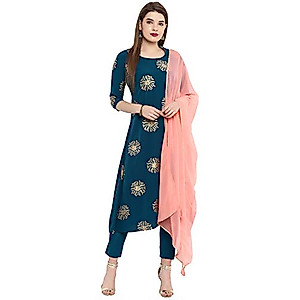 Janasya Indian Women's Tunic Tops Crepe Kurti Set with Dupatta for Women(SET058-KR-NP-S) Turquoise