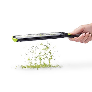 Dreamfarm Ozest Self-Cleaning POP-Button Zester for Fine, Fluffy Citrus Zest, Cheese, Nut, & Spices with Non-Slip Silicone Foot - 1mm Zester, Black/Green