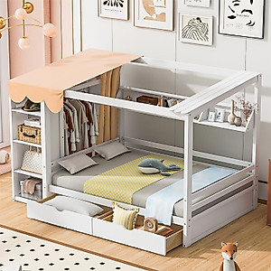 Linique Full Size House Bed with Wardrobe, Storage Drawers and Bookshelf, Solid Wood Bed Frame with Tent, White