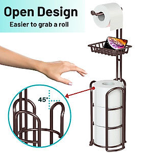 Toilet Paper Holder Stand with Reserve and Dispenser for 4 Mega Roll, Bathroom Freestanding Toilet Tissue Storage with Shelf for Wipes and Phone, Bronze