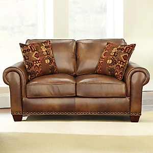 Steve Silver Company Silverado Upholstered Loveseat with 2 Accent Pillows, Living Room, Game Room, Genuine Leather, Antique Nailhead Trim, Rustic Styling, Bedroom, Sofa, 41" D x 68" W x 38" H, Brown