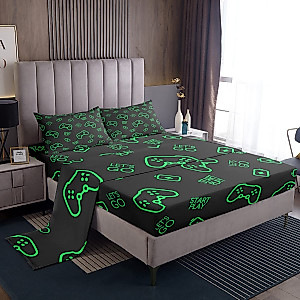 Gaming Sheet Set King Size Gamepad Bed Sheets Set for Boys Teens Bedroom Game Room Decor Sheets with Deep Pocket Fitted Sheet Women Men Fluorescent Green Joystick Bedding Set With 2 Pillow Case