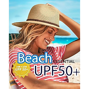 FURTALK Sun Hats for Women Summer Wide Brim UV UPF 50+ Panama Fedora Foldable Packable Straw Beach Hat Khaki