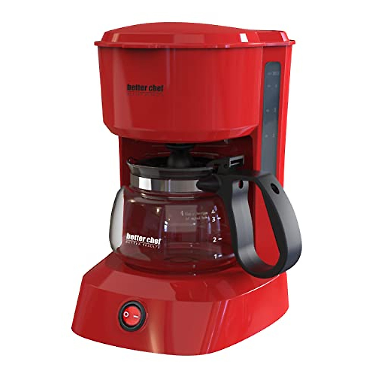 Better Chef Basic Coffee Maker | 4-Cup | Pause-N-Serve | Carafe Warmer | Reservoir Window (Red)