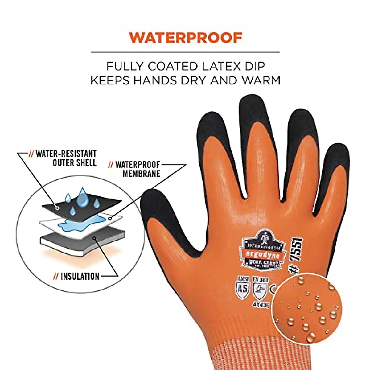 Ergodyne ProFlex 7551 Waterproof Winter Work Gloves, Cut Resistant ANSI A5, Sandy Nitrile Coated Palms, Thermal Fleece Lining Orange