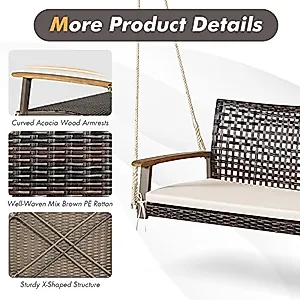 Happygrill 2-Seat Rattan Porch Swing Chair, Outdoor Wicker Swing Bench with Seat Cushion & Acacia Wood Armrests, Two 118” Hanging Ropes Included, Patio Hanging Swing Chair for Front Porch Backyard