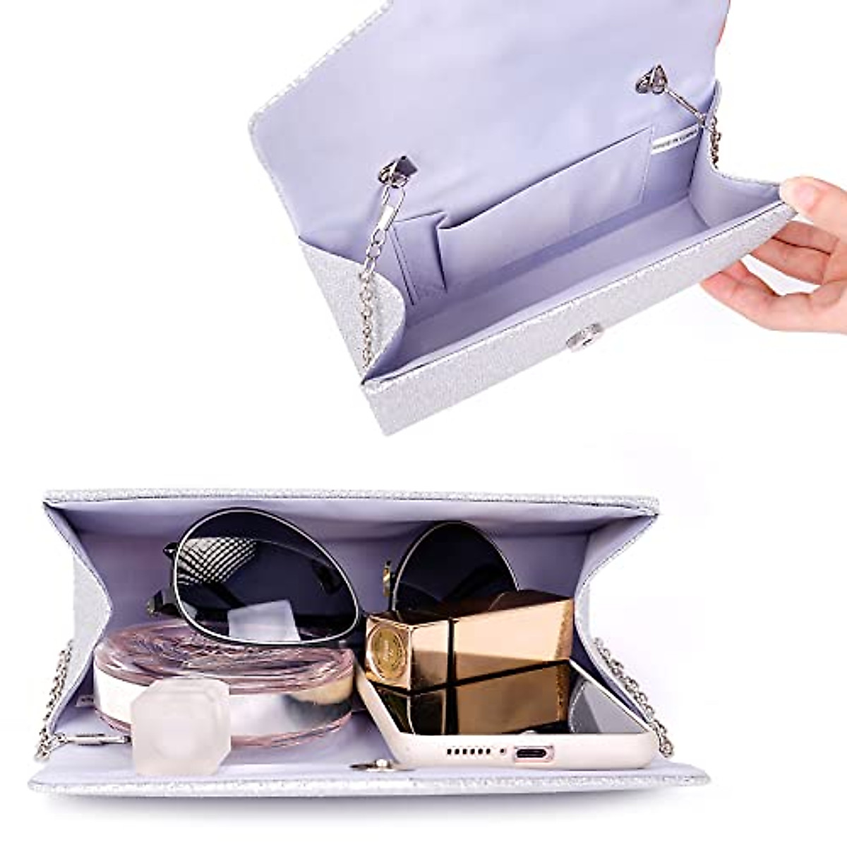Larcenciel Silver Clutch Purses for Women Evening, Sparkly Envelope Clutch Evening Bag w/Chain, Elegant Crossbody Shoulder Handbag, Shiny Party Prom Purse Bride Wedding Guest Clutch Dress Carry on Bag