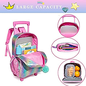 HTgroce 3 in 1 Pink Rolling Backpack for Girls, Kids Roller Wheels Bookbag, PWR Girls Backpack with Wheels Suitcase School, Wheeled School Bag and Lunch Bag & Pencil Case