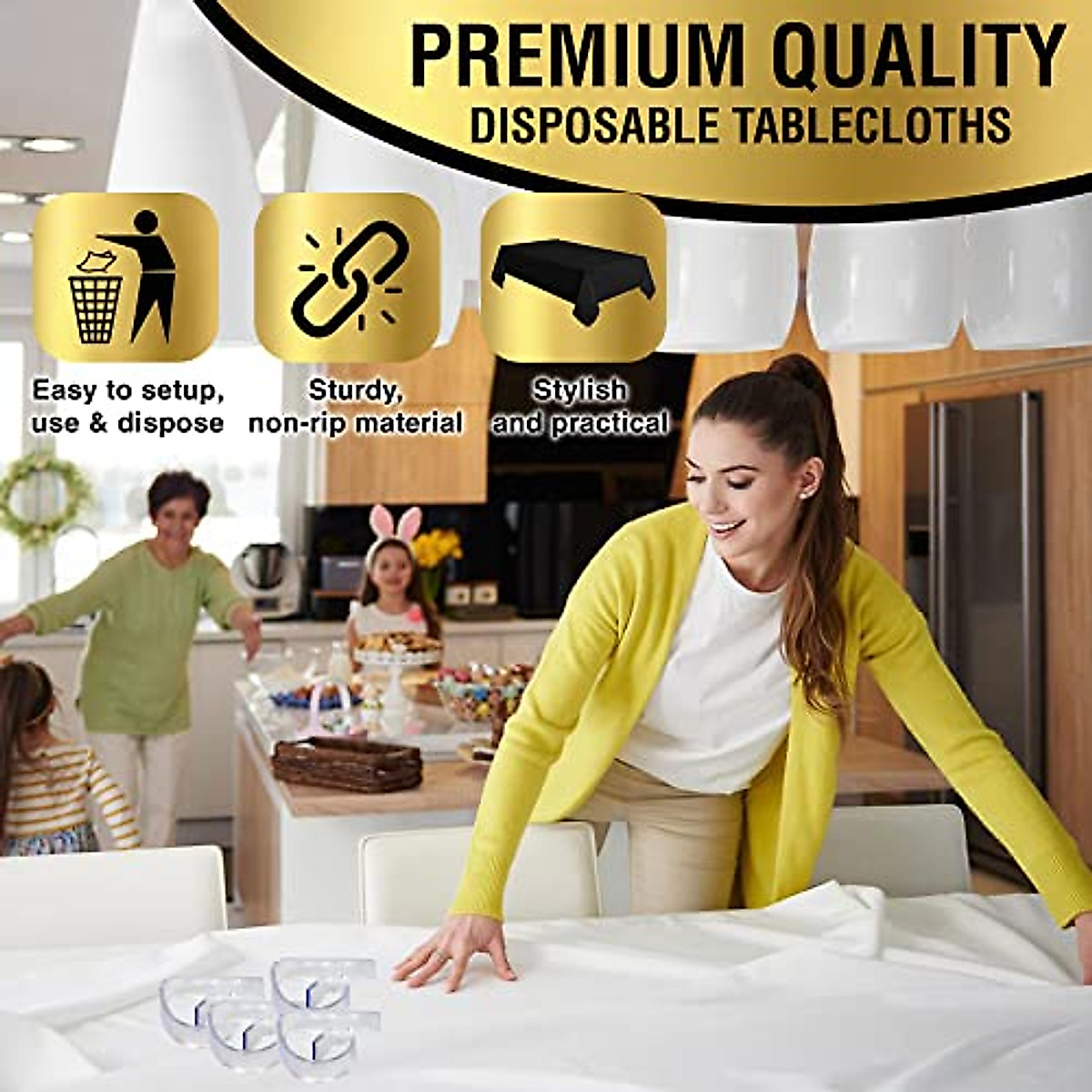 Plastic Table Cloths for Parties Disposable, Pack of 12, Thick White Tablecloth Good for Wedding, Birthday, Picnic Camping, also 12 Clips for disposable tablecloths for rectangle tables - 54x108-inch