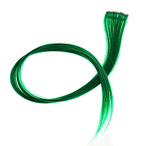 SWACC 12 Pcs Straight One Color Party Highlights Clip on in Hair Extensions Colored Hair Streak Synthetic Hairpieces (Green)