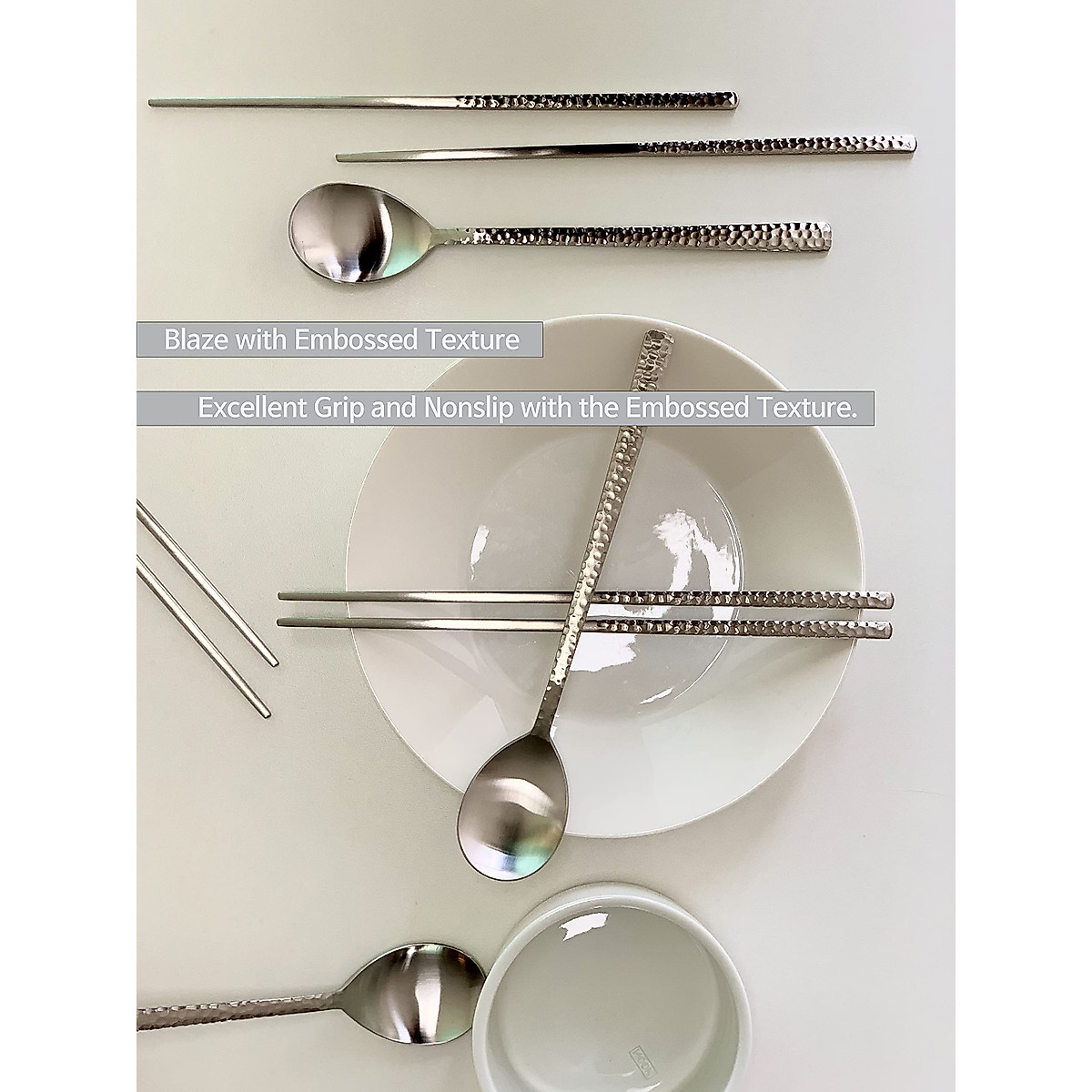 cozymomdeco Korean Made Silver Glossy Hammered Stainless Steel Korean Spoon & Chopstick SET (2SET)