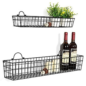 MyGift Country Rustic Wall Mounted Black Metal Wire Storage Baskets Display Racks, Set of 2