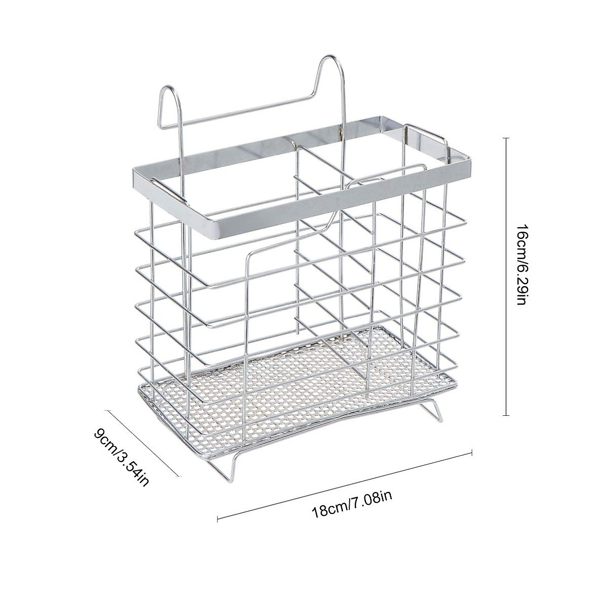 SHERCHPRY Utensil Holder Drying Rack Flatware Storage Basket 2 Divided Stainless Steel Cutlery Silverware Organizer Draining with Hooks for Chopstick Spoon Fork