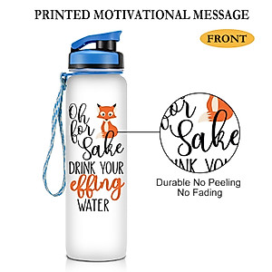 LEADO 32oz 1Liter Motivational Water Bottle with Time Marker - for Fox Sake Drink Your Effing Water - Funny Mothers Day, Birthday Gifts for Women Men Mom Daughter Sister Wife Friend Coworker