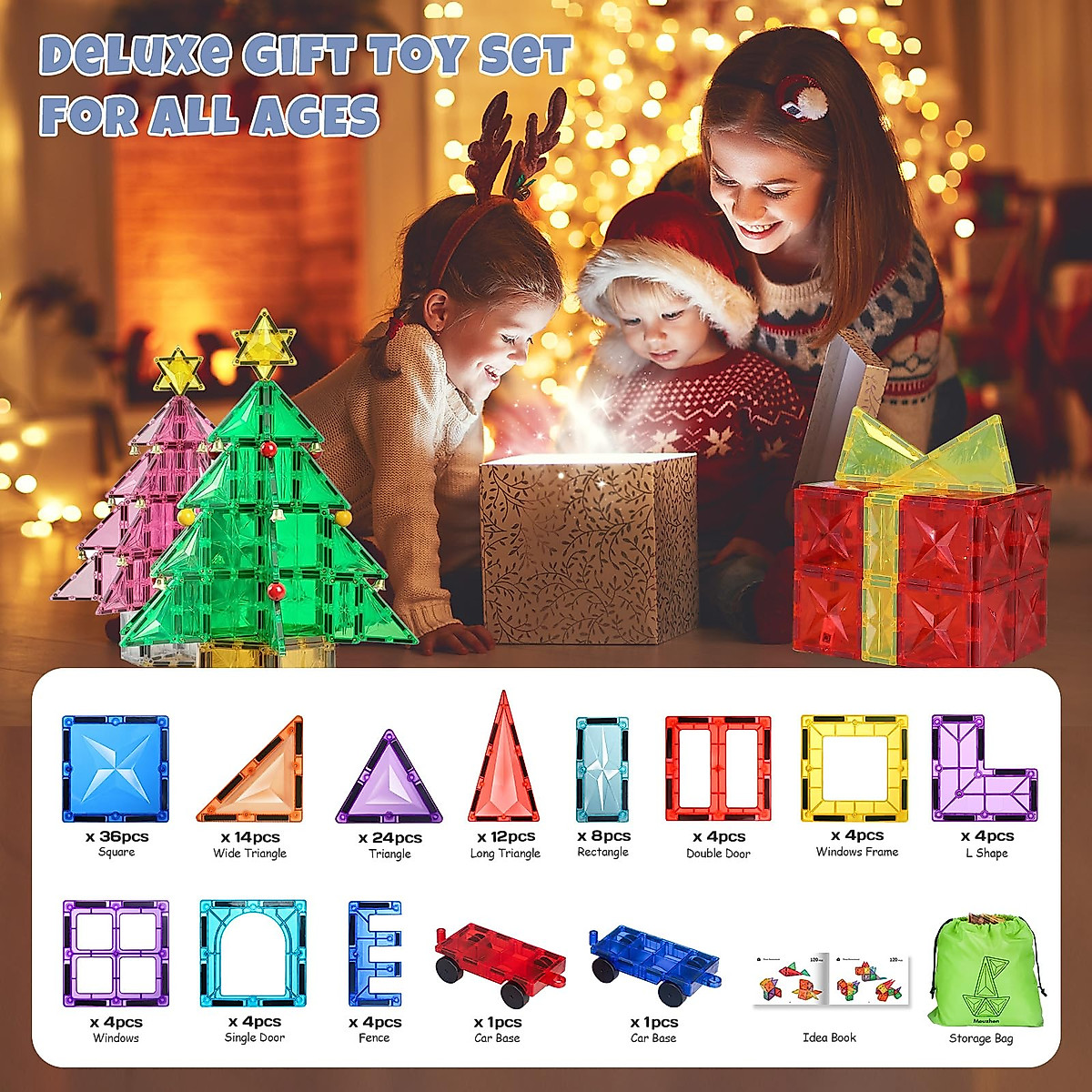 Meuzhen 120Pcs Magnetic Tiles with 2 Cars Toy Set, Diamond Magnet Tiles 3D Building Blocks, Toddler Montessori Toys for 3 4 5 6 Years, STEM Preschool Kids Sensory Educational Toys Gift for Boys Girls