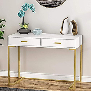 Tribesigns White and Gold Desk with 2 Drawers, White Writing Desk, 40 Inches Computer Desk, Simple and Modern Desk