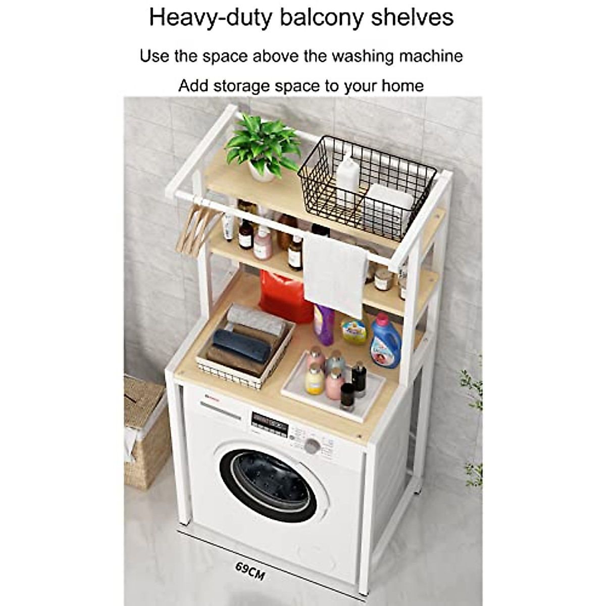 Over The Washer and Dryer Storage Shelf, Bathroom Space Saving Organizer Rack with Clothes Hanging Rod Rail, Balcony Towel Rack Handbag Rack, Bathroom Organization Space Saving Shelving Units