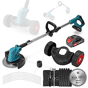Geevorks String Trimmer/Edger, 21V Electric Weed Wacker Foldable/Telescopic Cordless Weed Eater with Wheels, Lawn Edger with 2PCS 2000mAh Rechargeable Battery/Fast Charger/ 3 Kinds of Blade-s