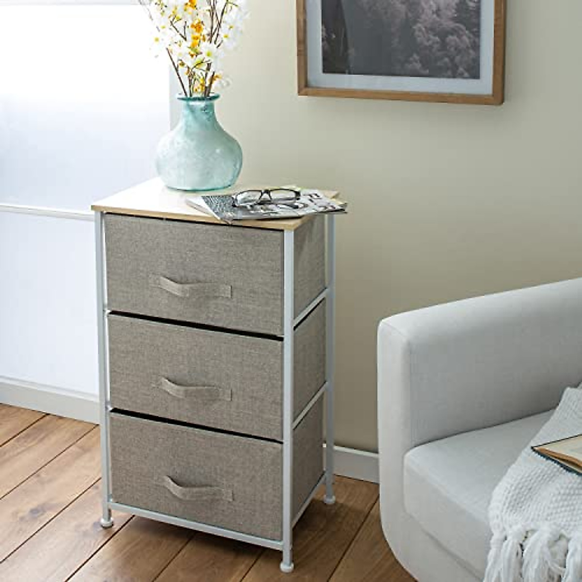 Simplify 3 Tier Vertical Storage Chest | Dresser | Nightstand | Fabric Drawers | Sturdy Steel Frame | Organizer | Bedroom | Closet | Easy to Assemble | Beige