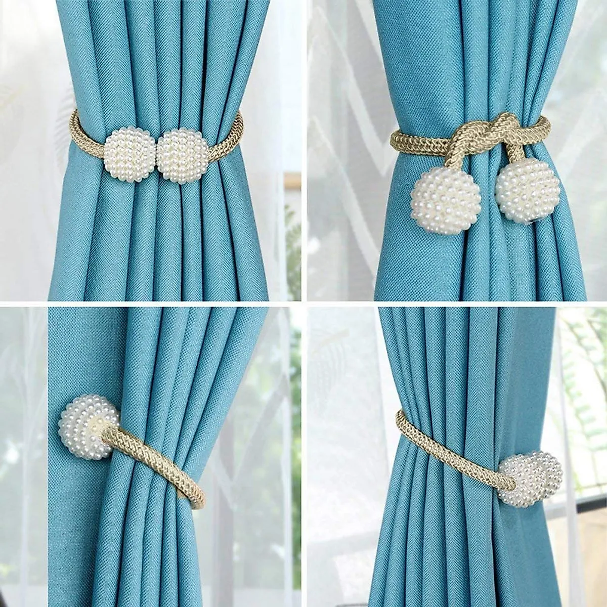 Fullgaden 2 Pcs Magnetic Curtain Tiebacks Convenient Drape Tie Backs Pearl Decorative Rope Holdback Holder for Small, Thin or Sheer Window Drapries, Light Blue