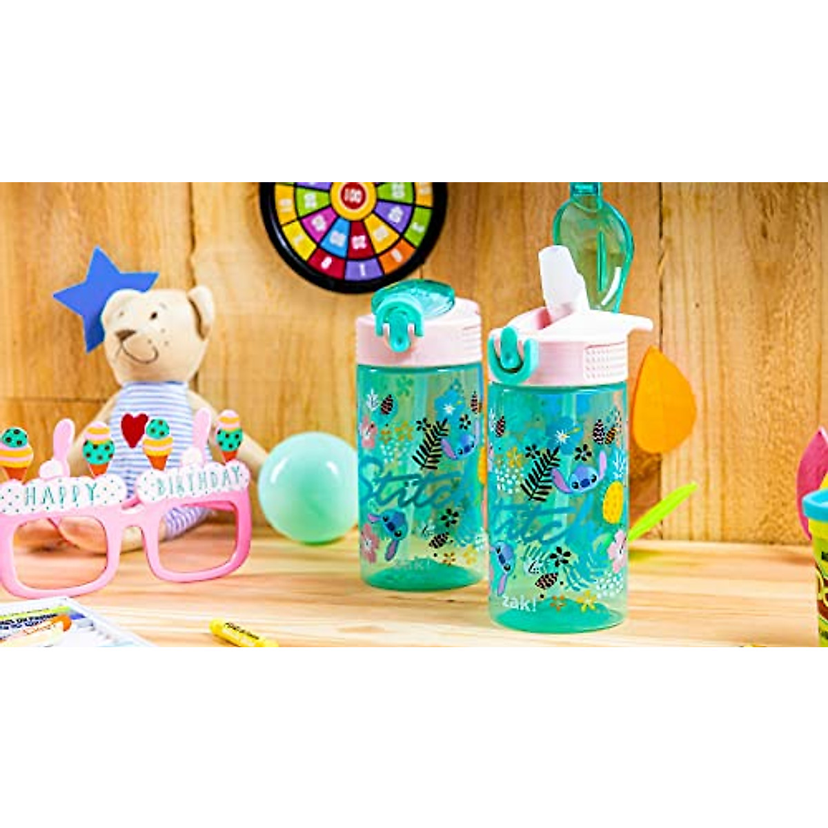 Zak Designs Kids Durable Plastic Spout Cover and Built-in Carrying Loop, Leak-Proof Water Design for Travel, (16oz, 2pc Set), Lilo and Stitch 2pk