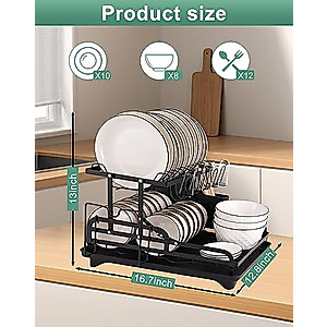 YUSHINDI 2 Tier Collapsible Dish Drying Rack for Kitchen Counter，Stainless Steel Dish Racks ，Space-Saving & Multipurpose，Dish Rack for Kitchen Counter with Utensil Holder,， Large-Capacity, Black