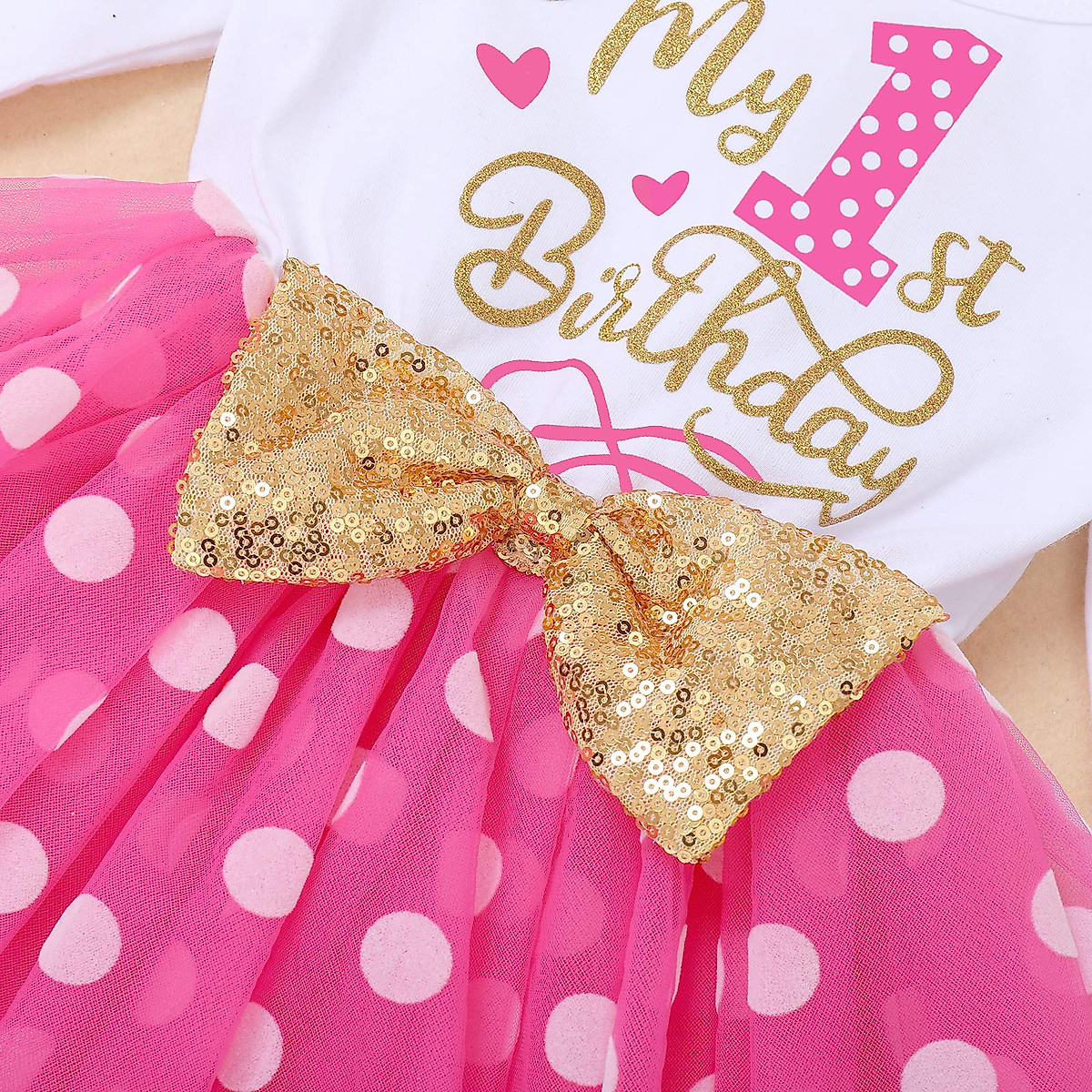 ODASDO Infant Baby Girl My 1st First Birthday Cake Smash Outfit Cotton Long Sleeve Princess Tutu Tulle Bowknot Polka Dots Dress One Year Old Party Clothes Photo Props Hot Pink 1 Year