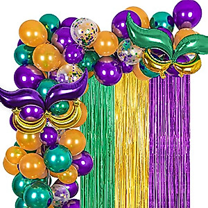 Whaline 109Pcs Mardi Gras Party Decoration Set Tail Crescent Star Shape Foil Balloons Purple Green Gold Confetti Balloons Vintage Fringe Curtains for Masquerade New Orleans Carnival Party Supplies