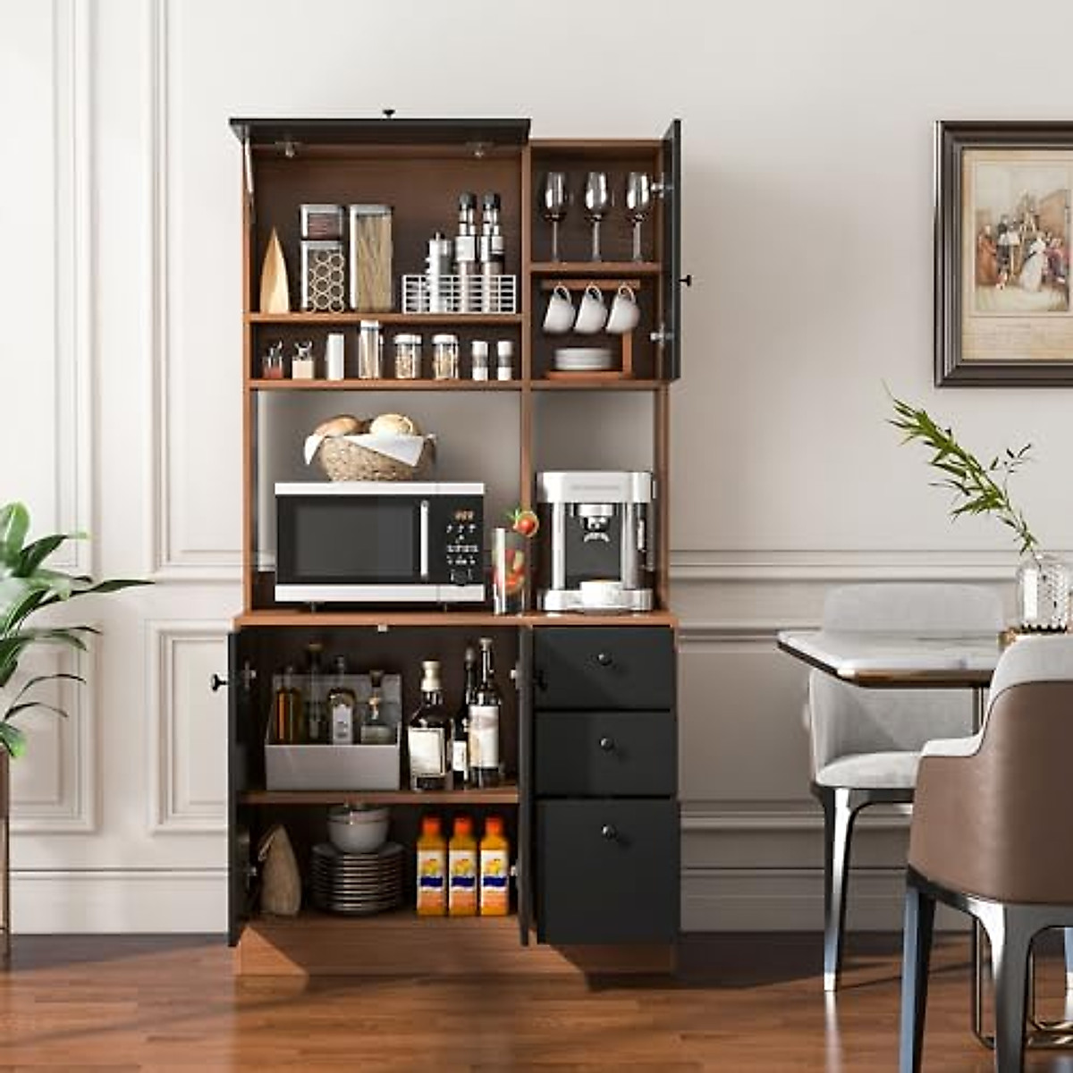 PETSITE Kitchen Buffet Hutch Storage Cabinet, 71'' Freestanding Pantry with 3 Cabinets & Drawers, Adjustable Shelves, Microwave Cupboard for Living Room, Dining Room