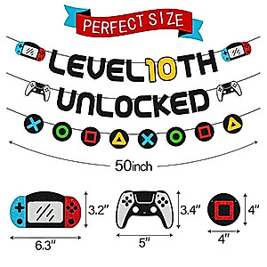 Happy 10th Birthday Banner Level 10s Unlocked Decoration Video Game Controller Level Up Theme Bday Decor for Boys Girls Children Kids Tenth Birth Anniversary Event Supplies