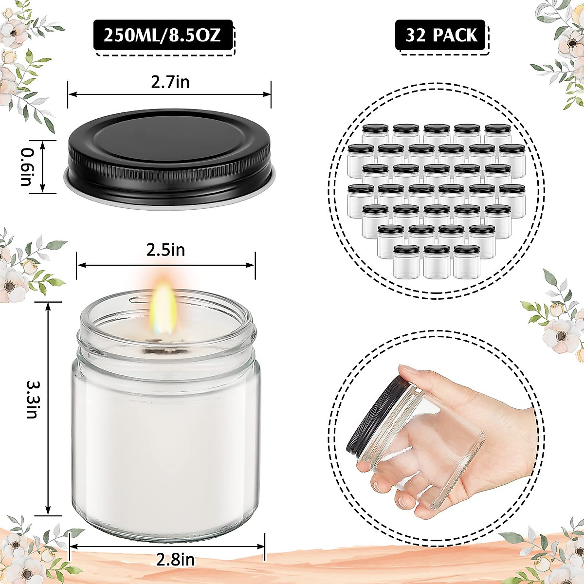 32 Pcs Thick Glass Jars with Lids Canning Jars 8 oz Clear Round Candle Jars Wide Mouth Pickle Jars with Lids Glass Storage Containers with Lids for Spice Powder Liquid Lotion Honey, Dishwasher Safe