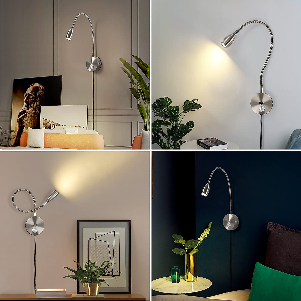 CRISETEK Reading Light Wall Mounted Reading Light headboard Touch Switch Dimmable Reading Lamp Task Directional LED Gooseneck Light AC (120V) Plug in Cable Powered 3W (Matte Black, Warm White)