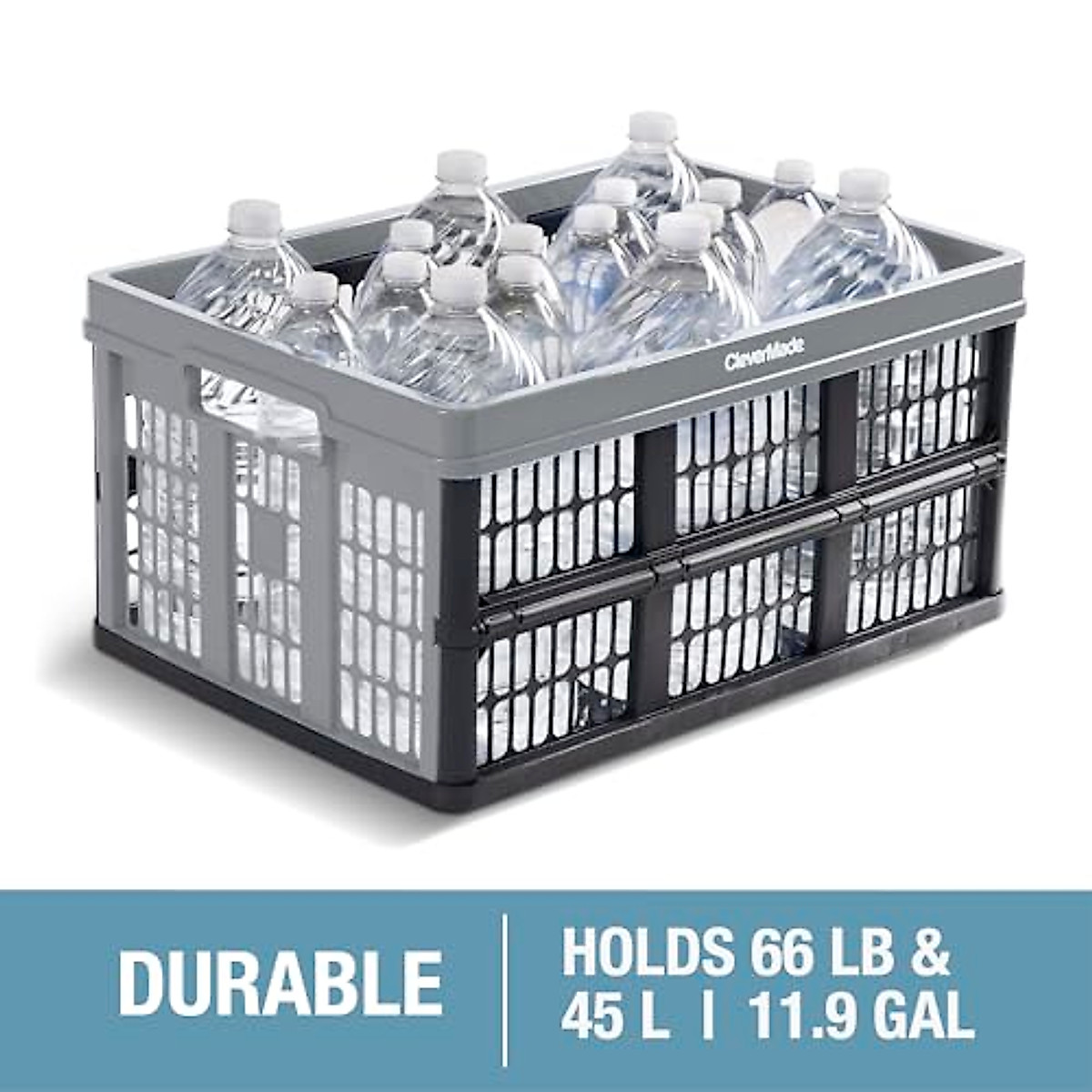 CleverMade Collapsible Utility Crate, Red, 1PK - 45L (11 Gal) Collapsible Storage Bins, Holds 66lbs Per Bin - Plastic Stackable Grated Wall Utility Containers, CleverCrates Baskets