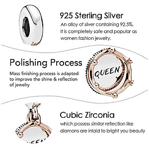 DATOUQI Queen and Regal Crown Dangle Charm Rose Charm 925 Sterling Silver Charms for Bracelets and Necklaces
