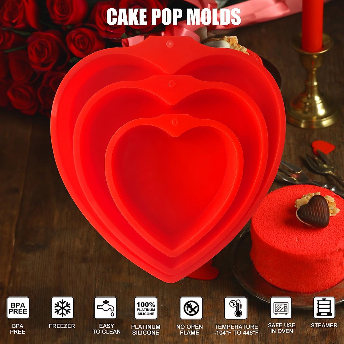 3 Pcs Cake Silicone Molds,Heart Shape Silicone Mold for Baking Homemade Dining,Reusable Silicone Fondant Mold Rainbow Mousse Cake Molds Cake Pan Air fryer Silicone Liners（8 In&6In&4In）