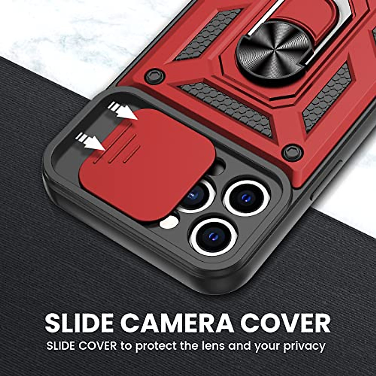 VEGO Compatible for iPhone 12 Pro Max Case, iPhone 12 Pro Max Kickstand Case with Slide Camera Cover, Built-in 360° Rotate Ring Stand Magnetic Cover Case for iPhone 12 Pro Max 6.7 inch, Red