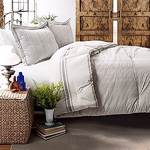 Lush Decor Farmhouse Stripe 3 Piece Reversible Comforter Bedding Set, King, Gray