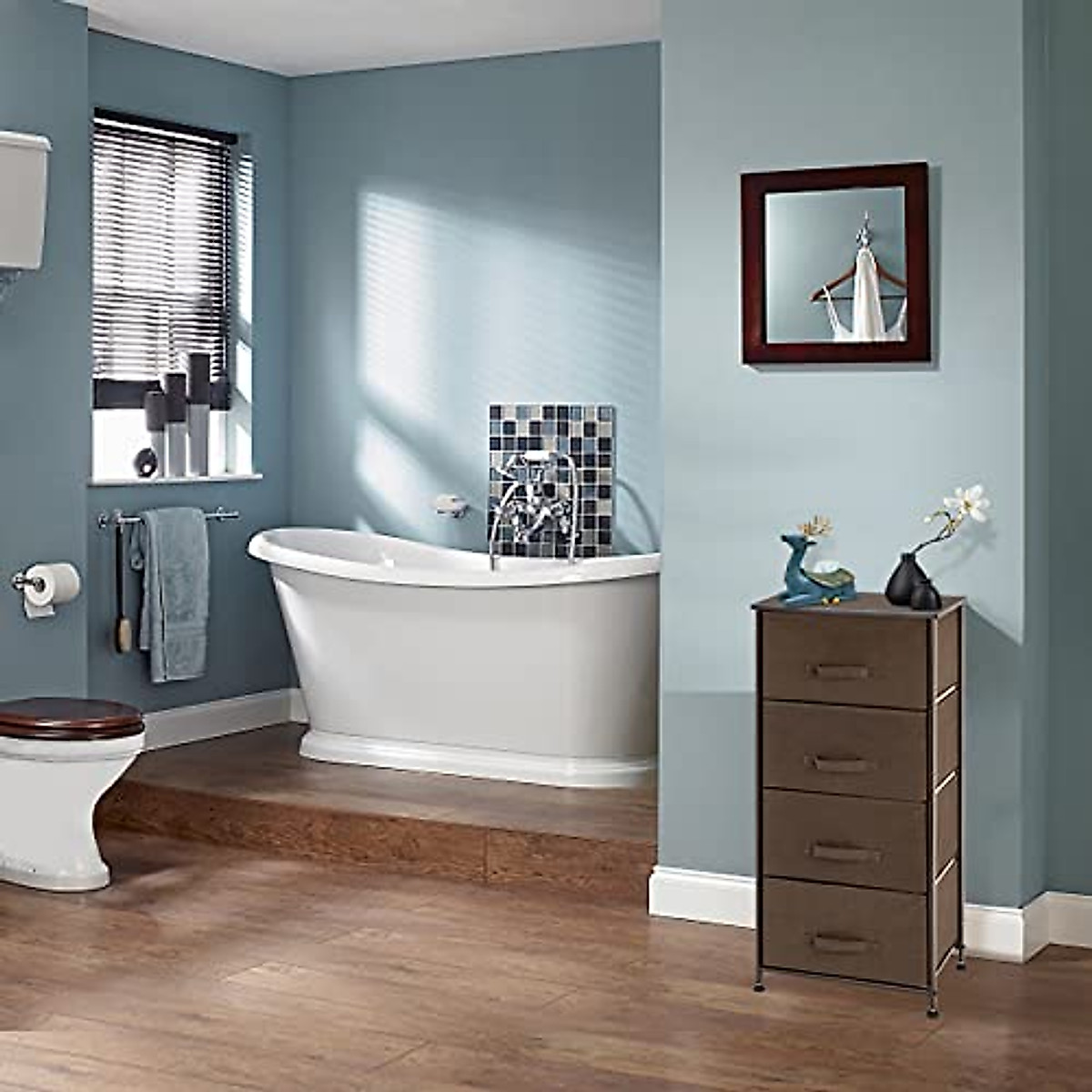 4 Drawer Fabric Storage Organizer, Wood Top Storage Tower, 4 Drawer Closet Storage Dresser Furniture Unit, Linen Fabric Organizer for Bedroom, Closet, Entryway, Hallway, Brown